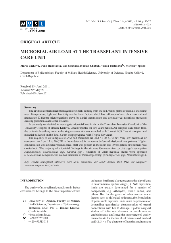 (PDF) Microbial Air Load at the Transplant Intensive Care Unit