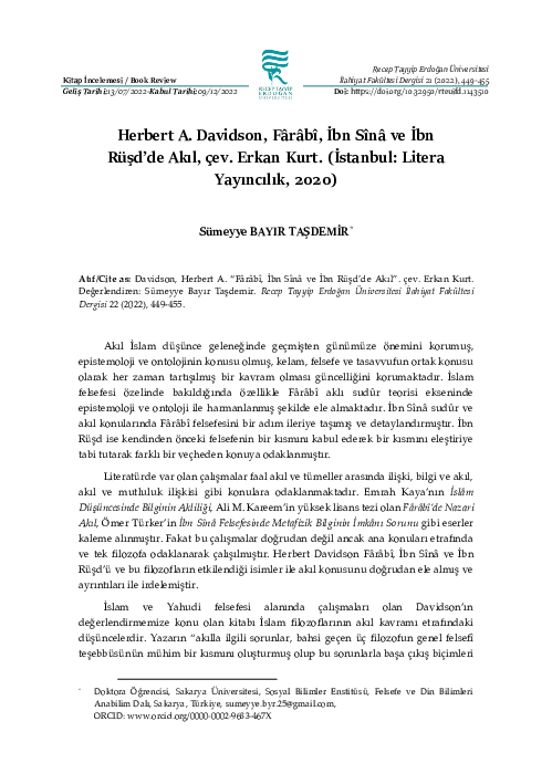 (PDF) Herbert A. Davidson, Fârâbî, İbn Sînâ ve İbn Rüşd'de Akıl, çev ...