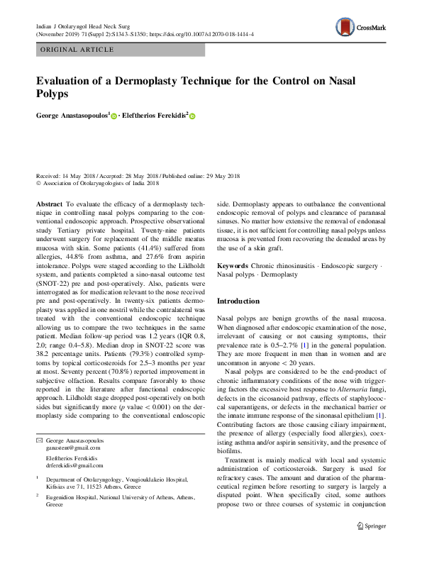 (PDF) Evaluation of a Dermoplasty Technique for the Control on Nasal Polyps
