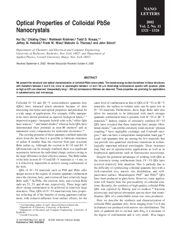 (PDF) Optical Properties of Colloidal PbSe Nanocrystals