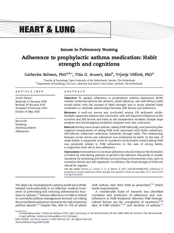 (PDF) Adherence to prophylactic asthma medication: Habit strength and ...