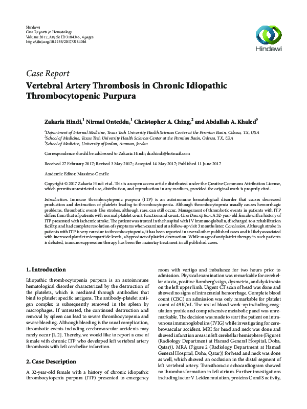 (PDF) Vertebral Artery Thrombosis in Chronic Idiopathic Thrombocytopenic Purpura | abdallah ...