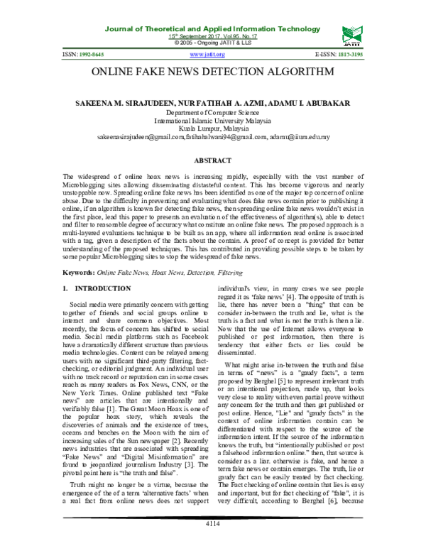 (PDF) Online fake news detection algorithm