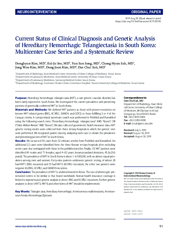 (PDF) Current Status of Clinical Diagnosis and Genetic Analysis of Hereditary Hemorrhagic ...