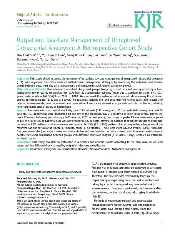 (PDF) Outpatient Day-Care Management of Unruptured Intracranial Aneurysm: A Retrospective Cohort ...
