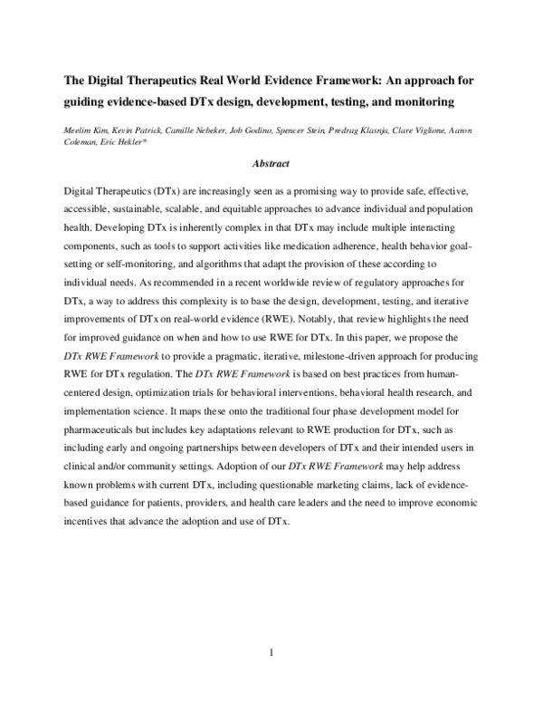 (PDF) The Digital Therapeutics Real World Evidence Framework: An approach for guiding evidence ...