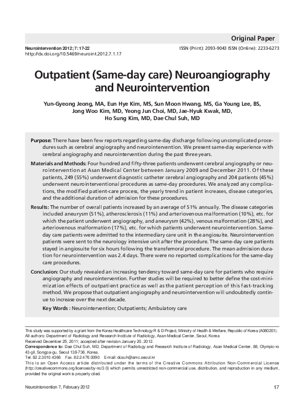 (PDF) Outpatient (Same-day care) Neuroangiography and Neurointervention