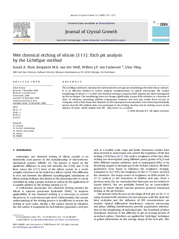 (PDF) Wet chemical etching of silicon {111}: Etch pit analysis by the Lichtfigur method