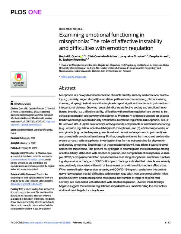 (PDF) Examining emotional functioning in misophonia: The role of affective instability and ...