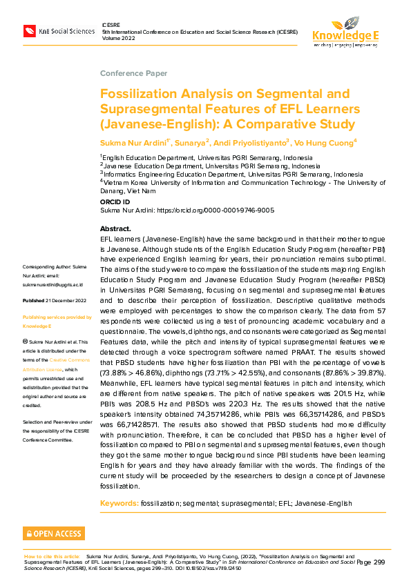 (PDF) Fossilization Analysis on Segmental and Suprasegmental Features of EFL Learners (Javanese ...