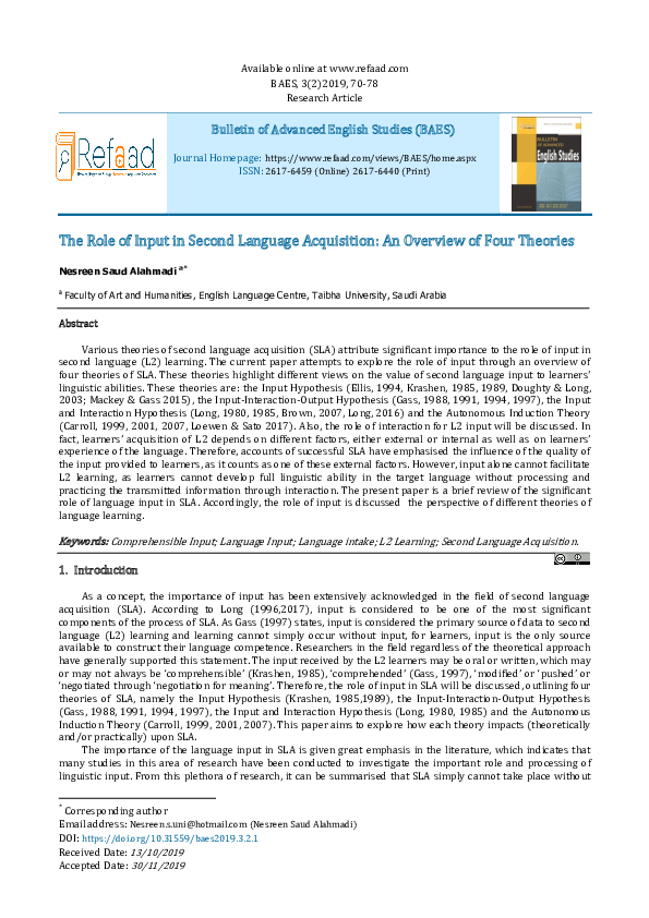 (PDF) The Role of Input in Second Language Acquisition: An Overview of Four Theories