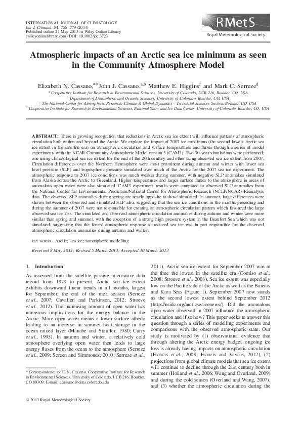 (PDF) Atmospheric impacts of an Arctic sea ice minimum as seen in the ...