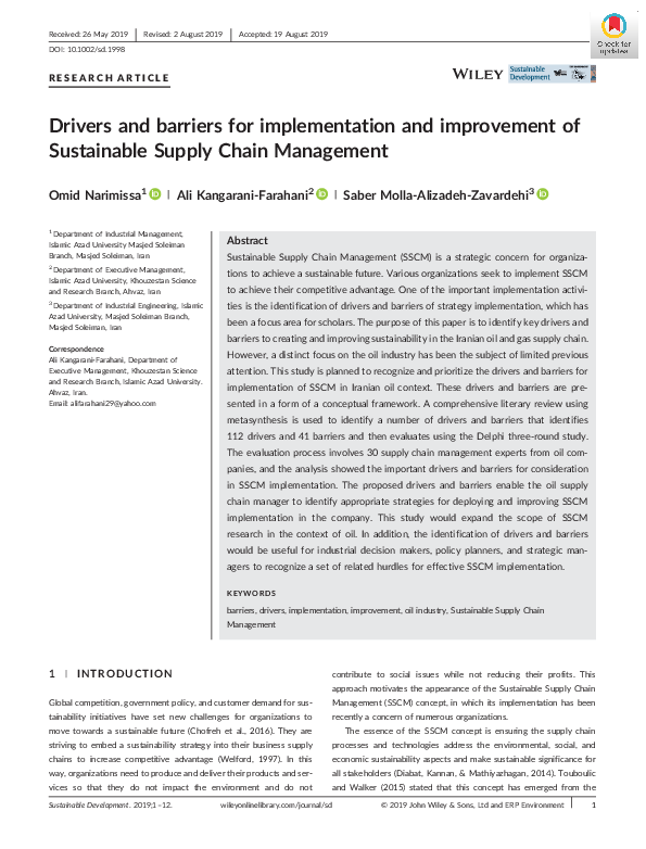 (PDF) Drivers and barriers for implementation and improvement of Sustainable Supply Chain Management