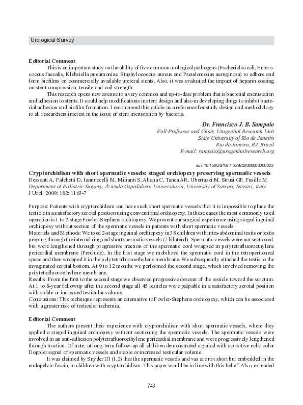 (PDF) Cryptorchidism With Short Spermatic Vessels: Staged Orchiopexy Preserving Spermatic Vessels