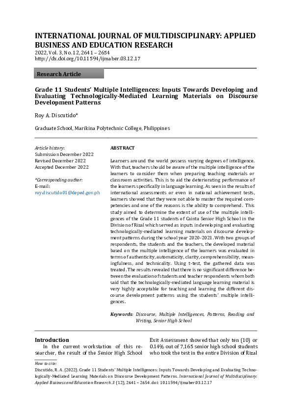 (PDF) Grade 11 Students’ Multiple Intelligences: Inputs Towards Developing and Evaluating ...