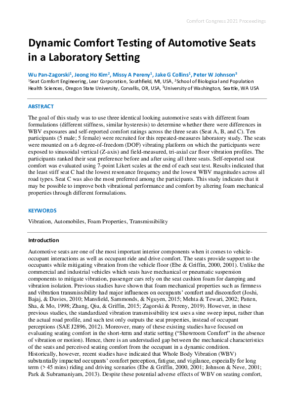 (PDF) Dynamic Comfort Testing of Automotive Seats in a Laboratory Setting