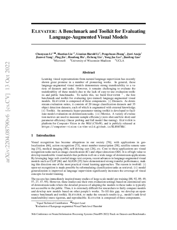 (PDF) ELEVATER: A Benchmark and Toolkit for Evaluating Language-Augmented Visual Models | Jyoti ...
