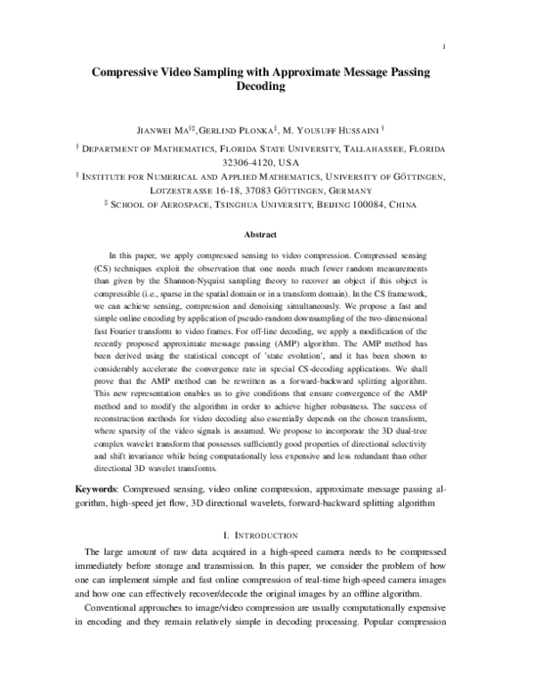 Pdf Compressive Video Sampling With Approximate Message Passing Decoding Gerlind Plonka Hoch
