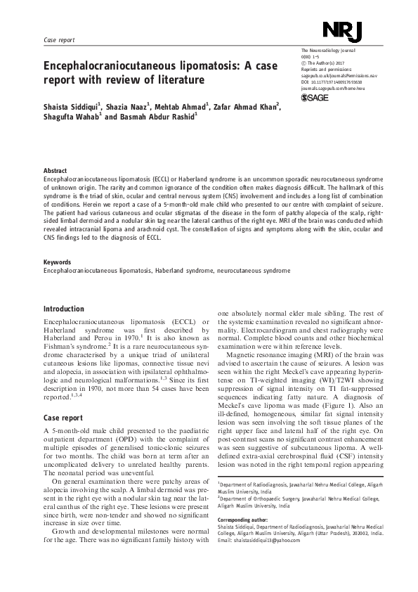 (PDF) Encephalocraniocutaneous Lipomatosis: Case Report and Review of ...