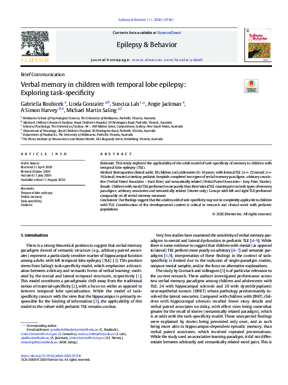 (PDF) Verbal memory in children with temporal lobe epilepsy: Exploring task-specificity