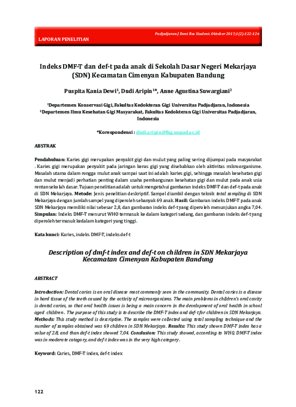 (PDF) Indeks DMF-T dan def-t pada anak di Sekolah Dasar Negeri