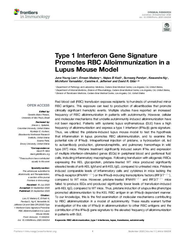 (PDF) Type 1 Interferon Gene Signature Promotes RBC Alloimmunization in ...