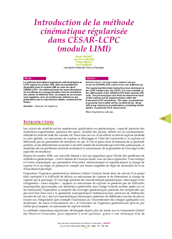 (PDF) Introduction de la méthode cinématique régularisée dans CESAR-LCPC (module LIMI)