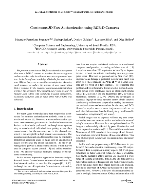 Pdf Continuous 3d Face Authentication Using Rgb D Cameras Luciano