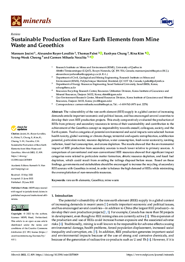 (PDF) Sustainable Production of Rare Earth Elements from Mine Waste and ...
