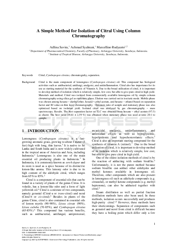 (PDF) A Simple Method for Isolation of Citral Using Column Chromatography
