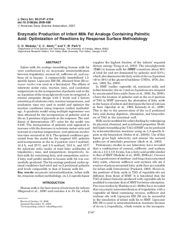 (PDF) Enzymatic production of infant milk fat analogs containing palmitic acid: Optimization of ...
