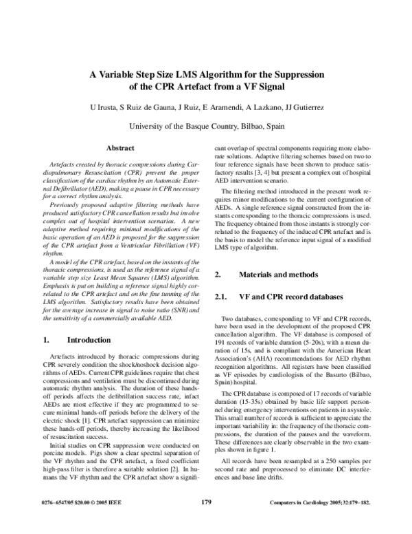 (PDF) A variable step size LMS algorithm for the suppression of the CPR artefact from a VF signal