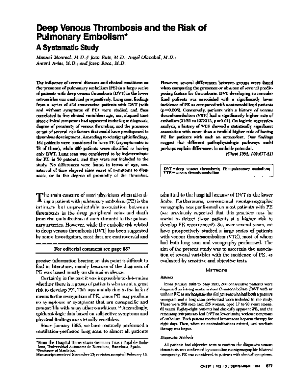 (PDF) Deep venous thrombosis and the risk of pulmonary embolism. A ...