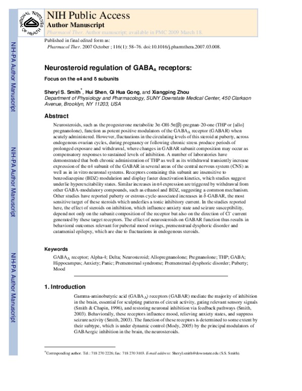 (PDF) Neurosteroid regulation of GABAA receptors: Focus on the α4 and δ ...