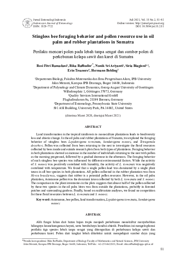 (PDF) Stingless bee foraging behavior and pollen resource use in oil palm and rubber plantations ...
