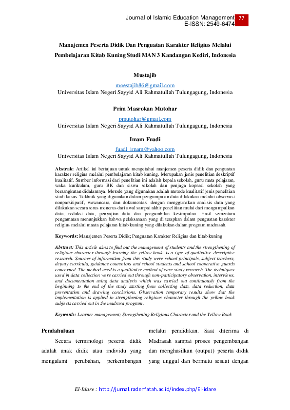(PDF) Manajemen Peserta Didik Dan Penguatan Karakter Religius Melalui Pembelajaran Kitab Kuning ...