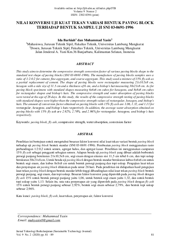 (PDF) Nilai Konversi Uji Kuat Tekan Variasi Bentuk Paving Block Terhadap Bentuk Sampel Uji Sni ...