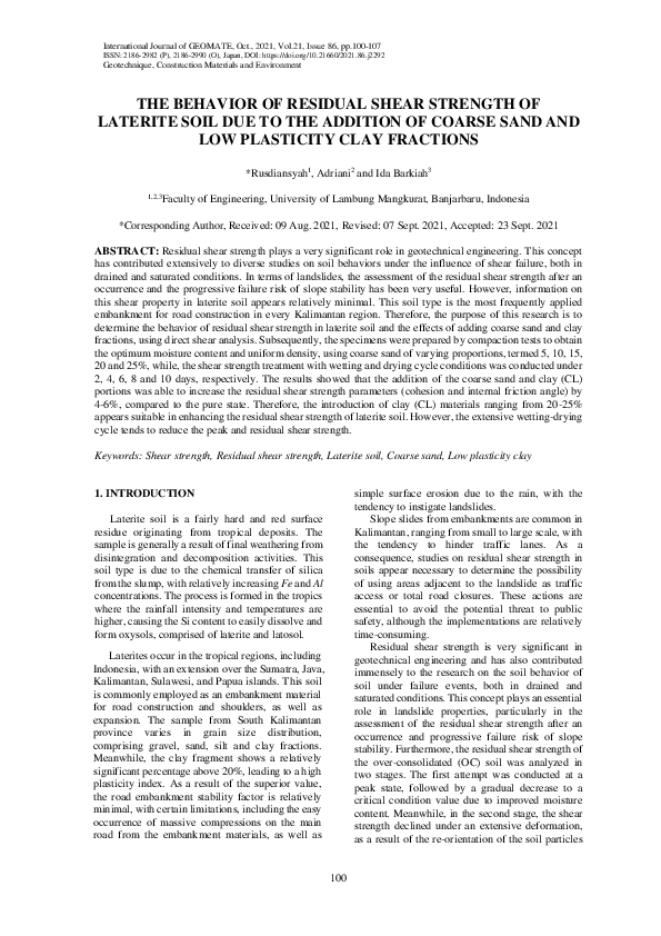 (PDF) The Behavior of Residual Shear Strength of Laterite Soil Due to ...