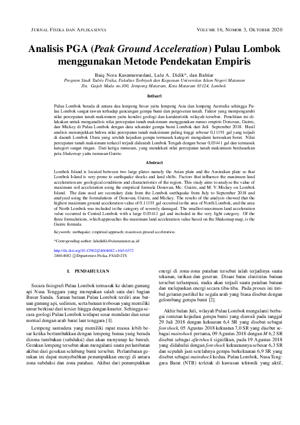 (PDF) Analisis PGA (Peak Ground Acceleration) Pulau Lombok Menggunakan ...