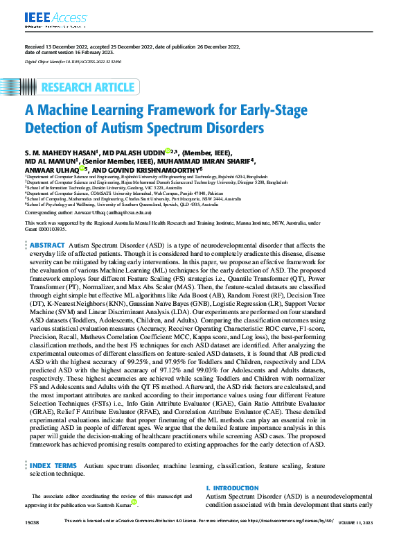 Pdf A Machine Learning Framework For Early Stage Detection Of Autism Spectrum Disorders 