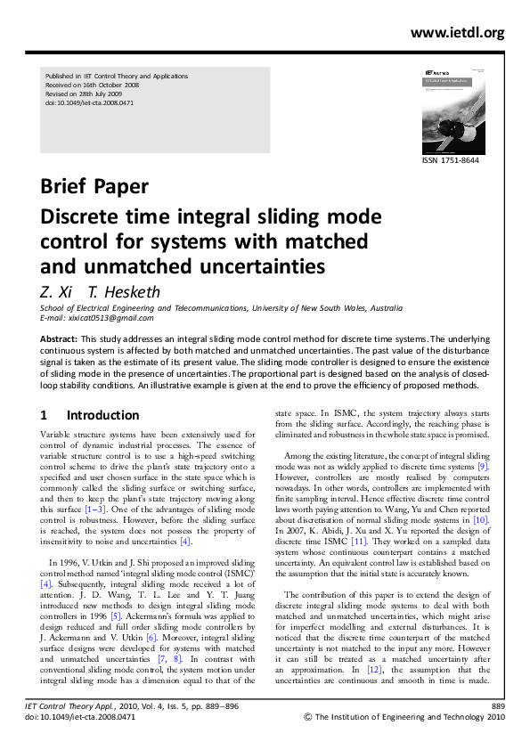 Pdf Discrete Time Integral Sliding Mode Control For Systems With