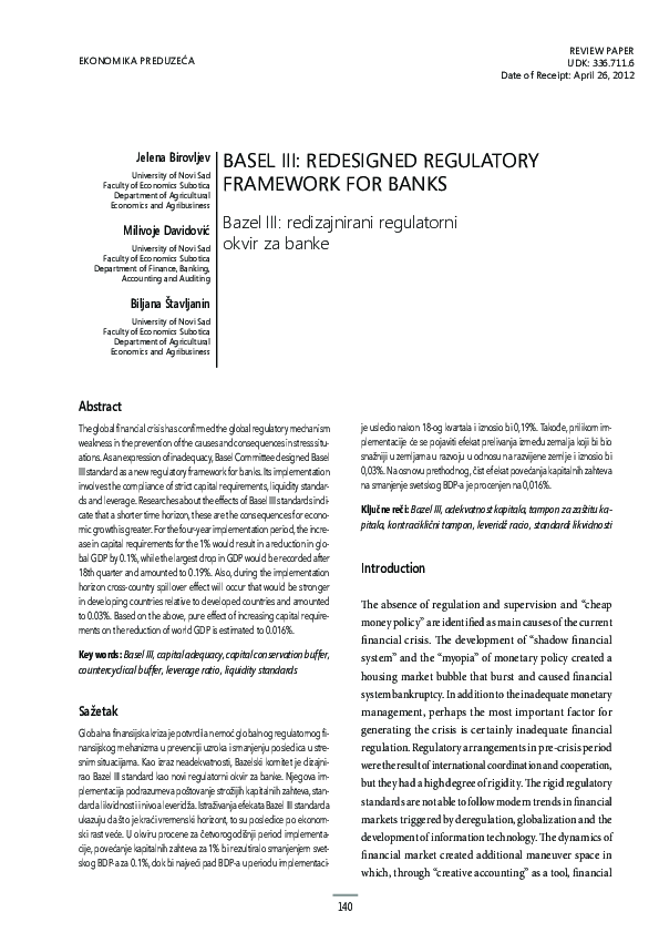 (PDF) Basel III: Redesigned regulatory framework for banks