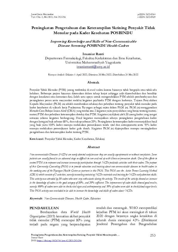 (PDF) Peningkatan Pengetahuan dan Keterampilan Skrining Penyakit Tidak Menular pada Kader ...