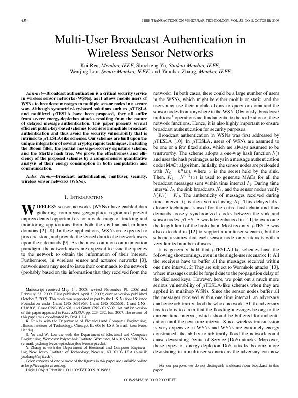 (PDF) Multi-User Broadcast Authentication in Wireless Sensor Networks
