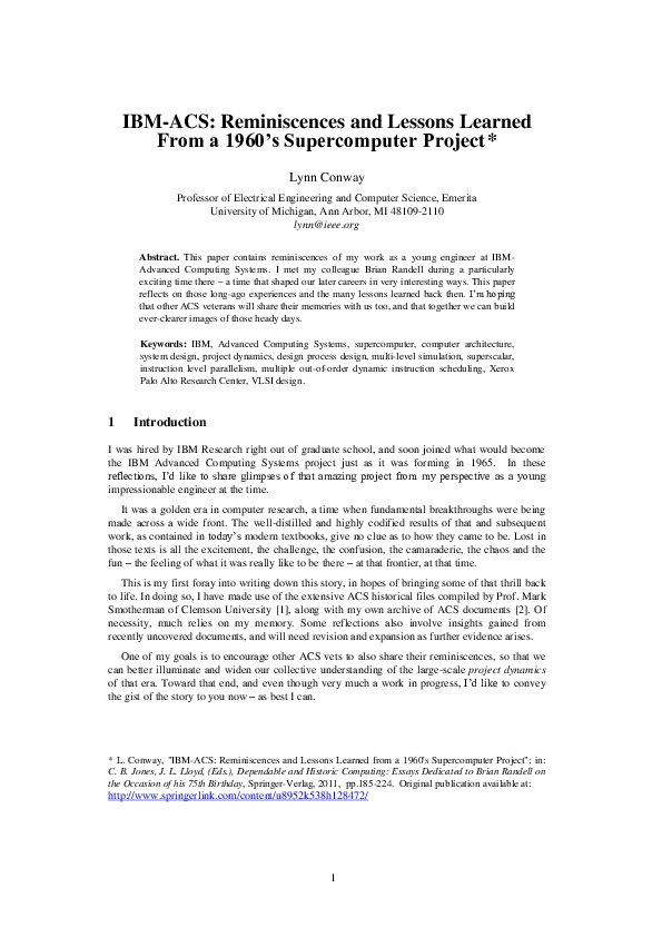 (PDF) 1 IBM-ACS: Reminiscences and Lessons Learned