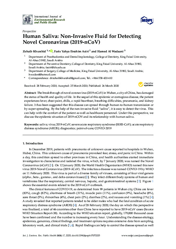 (PDF) Human Saliva: Non-Invasive Fluid for Detecting Novel Coronavirus ...