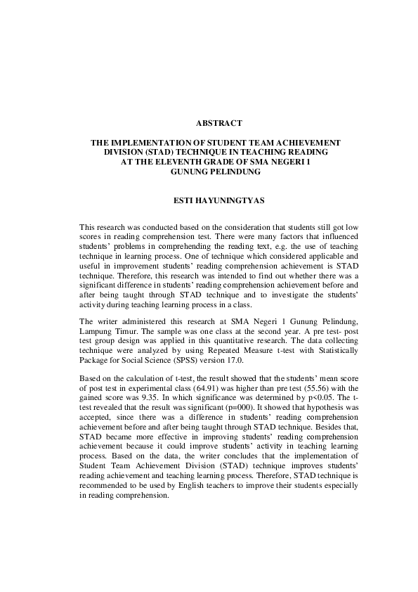 (PDF) The Implementation of Student Team Achievement Division (Stad) Technique in Teaching ...