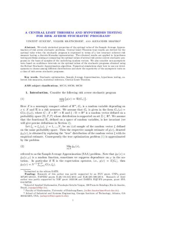 Pdf A Central Limit Theorem And Hypotheses Testing For Risk Averse Stochastic Programs