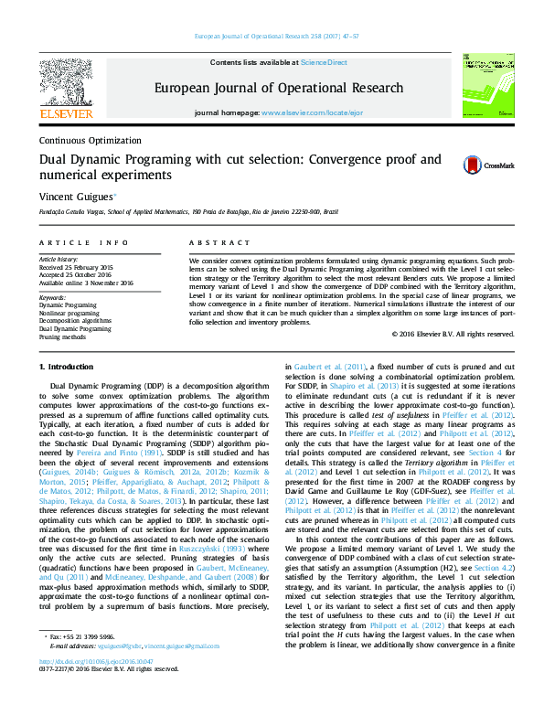 (PDF) Dual Dynamic Programing with cut selection: Convergence proof and ...
