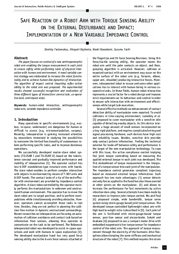 (PDF) Safe Reaction of a Robot Arm with Torque Sensing Ability on the External Disturbance and ...